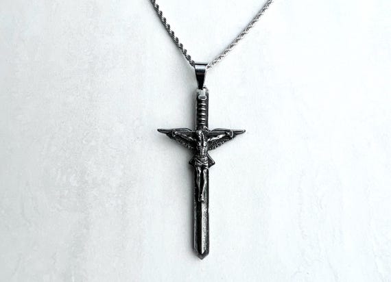 Crucifix Necklace Sword of the Spirit Catholic Cross Necklace Custom Crucifix Pendant Jesus Cross Necklace Distressed Metal by in Via Etsy
