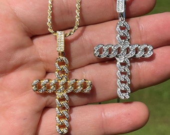 Men s Real Solid Sterling Silver Iced Out Cuban Link Cross Jesus Pendant in Rhodium or 14k Gold Finish 16 30 2mm Rope Chain Etsy