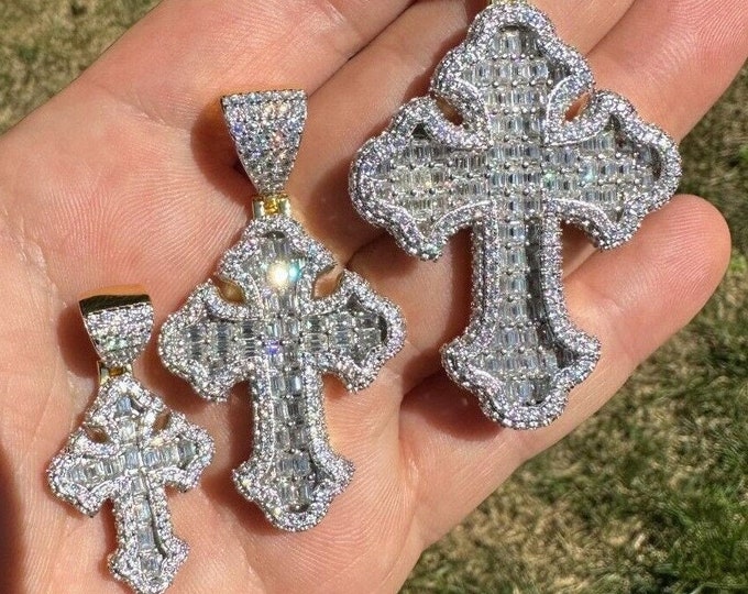 Iced Out Baguette Moissanite Gothic Cross Pendants 3 Sizes Mens Womens ...