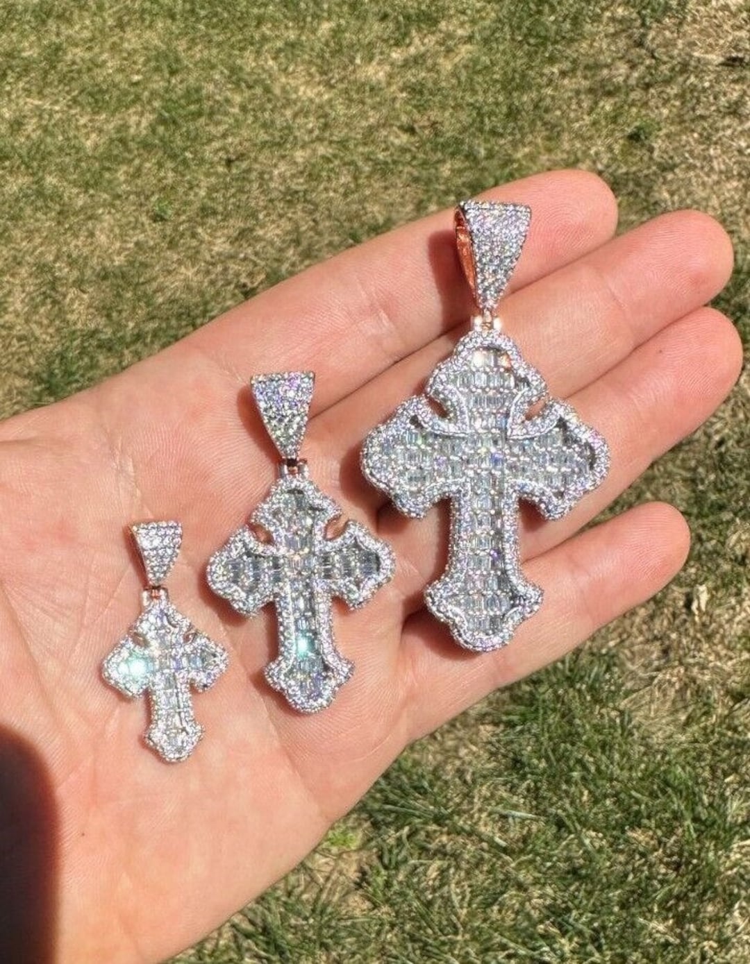 Iced Out Baguette Moissanite Gothic Cross Pendants (3 Sizes) Mens ...