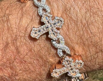 Moissanite Gothic Cross Infinity Link Bracelet, Two-tone Moissanite Gothic Cross Infinity Link Bracelet, Two-tone