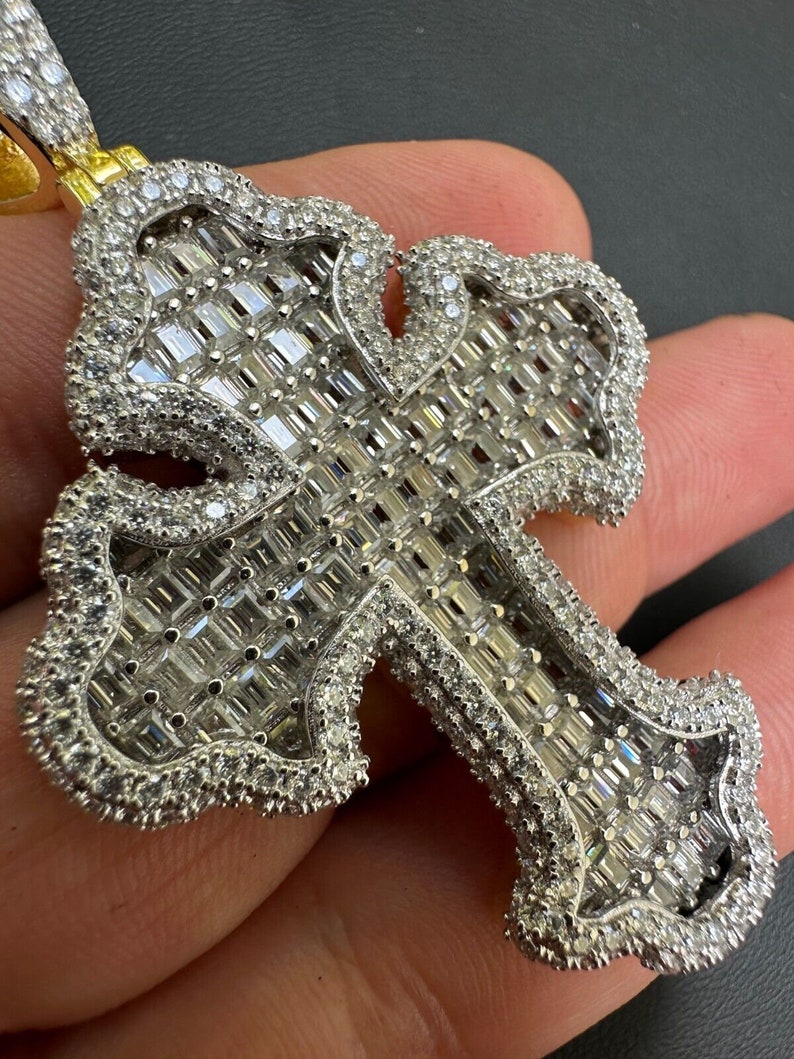Iced Out Baguette Moissanite Gothic Cross Pendant: 14k Gold Vermeil ...