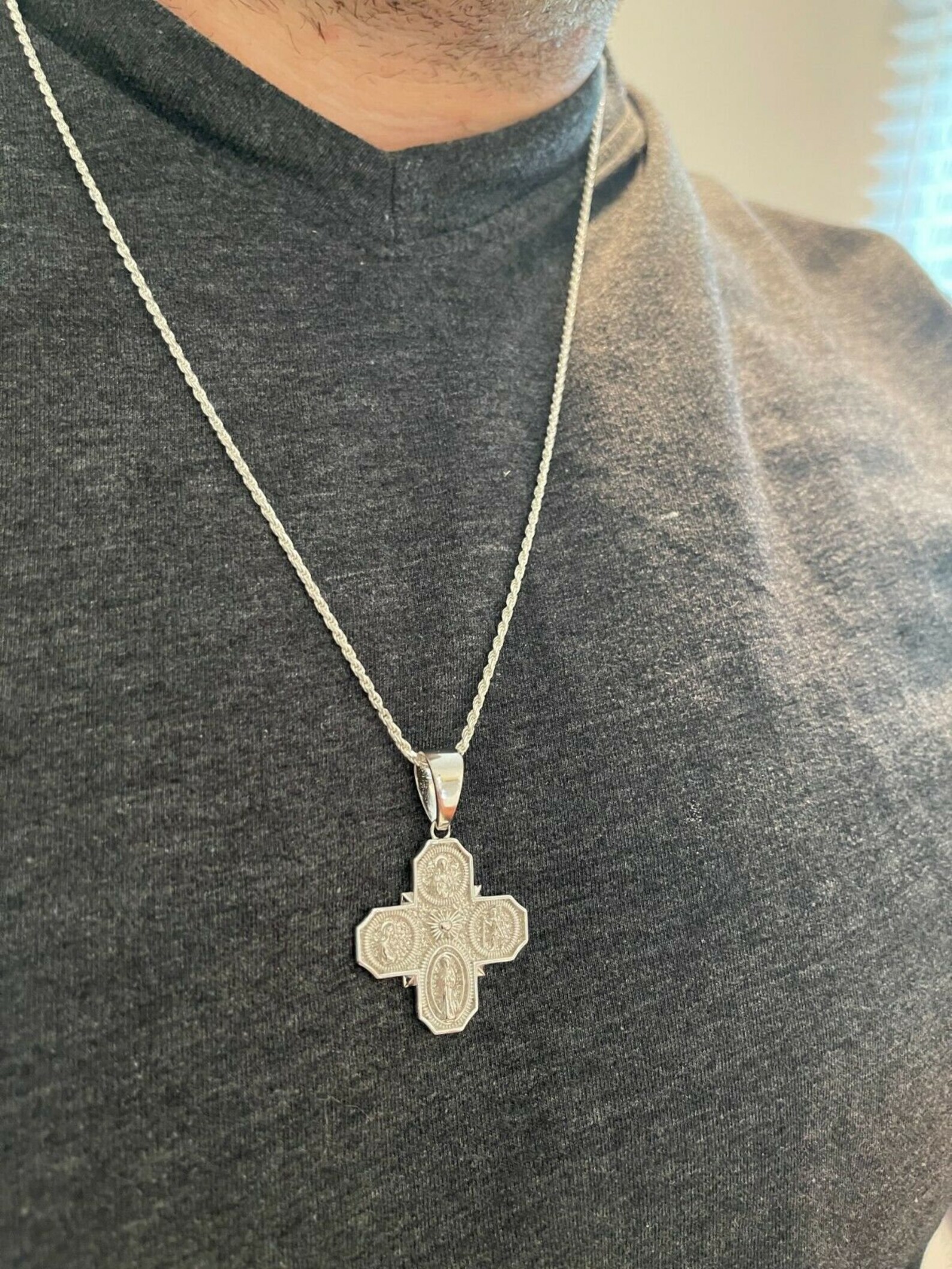 Four Way Cross Pendant: 925 Sterling Silver, Sacred Heart Medallion - Etsy