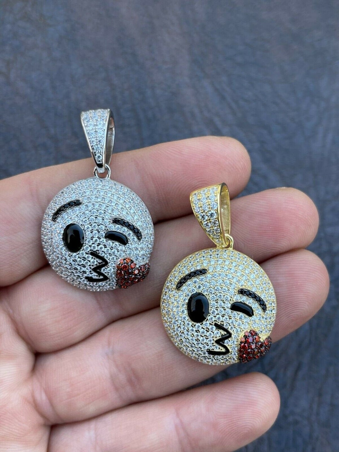 Iced Out Kiss Emoji Pendant: Sterling Silver Simulated Diamond - Etsy
