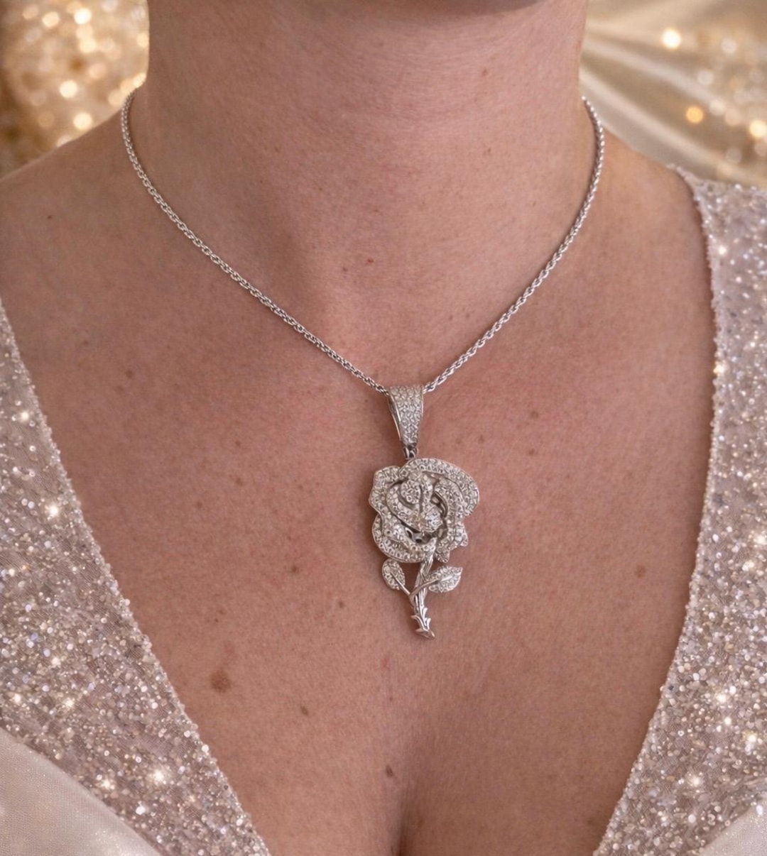Handmade Iced Out Rose Pendant: 925 Sterling Silver, Simulated Diamonds ...
