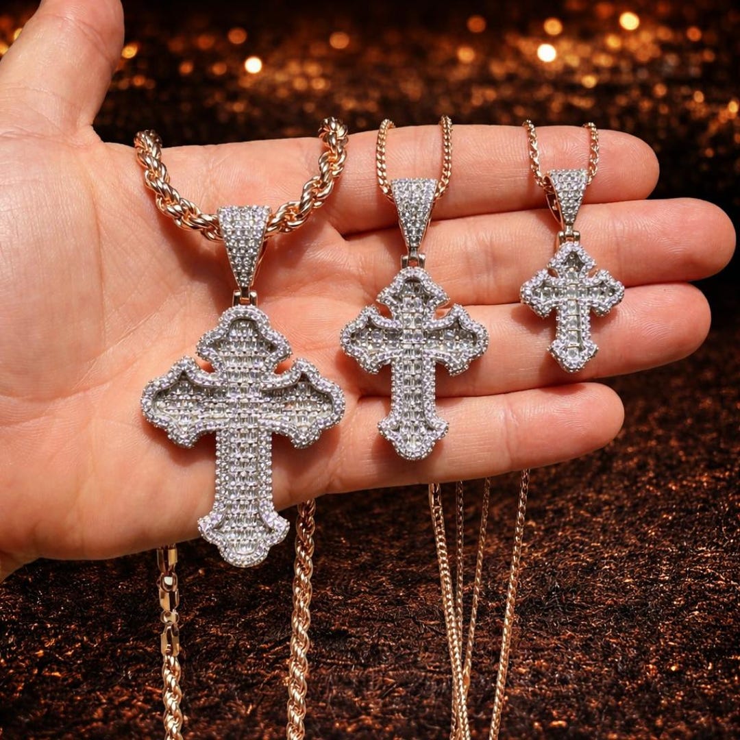 Iced Baguette Moissanite Gothic Cross Pendant: Rose Gold Vermeil ...