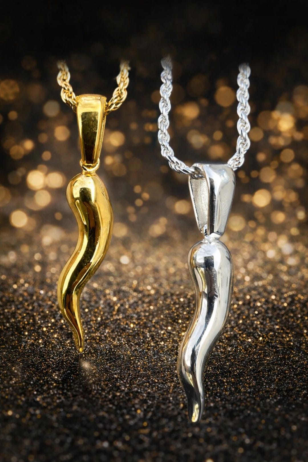 Sterling Silver Cornicello Pendant, Italian Horn, 14k Gold Finish ...