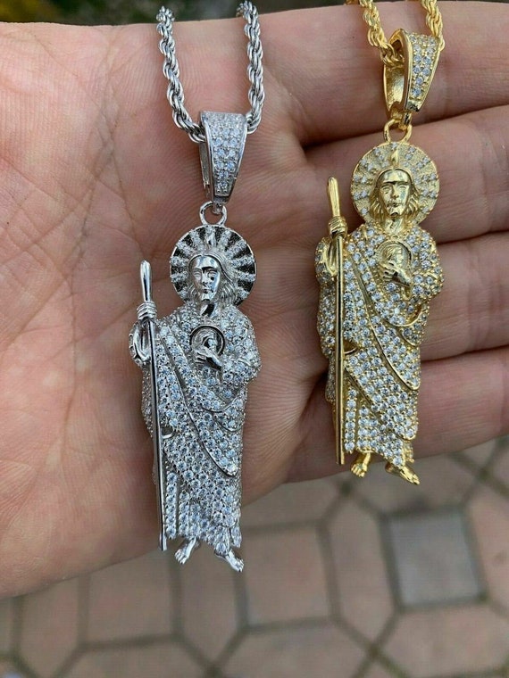 Solid 925 Sterling Silver Custom Made St. Jude San Judas Tadeo Iced Out Pendant 14k Yellow Gold or Rhodium Finish 2.5 X 1 Etsy