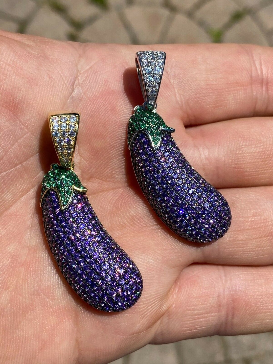 Iced Out Purple Eggplant Emoji Pendant: Sterling Silver Hip Hop Jewelry ...