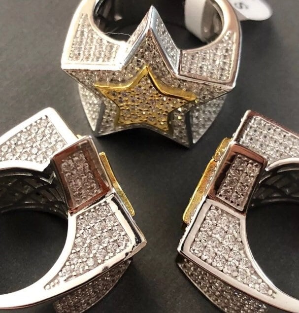 3D Star Hip Hop Ring: Solid Sterling Silver, 14k Gold Inlay, Simulated ...