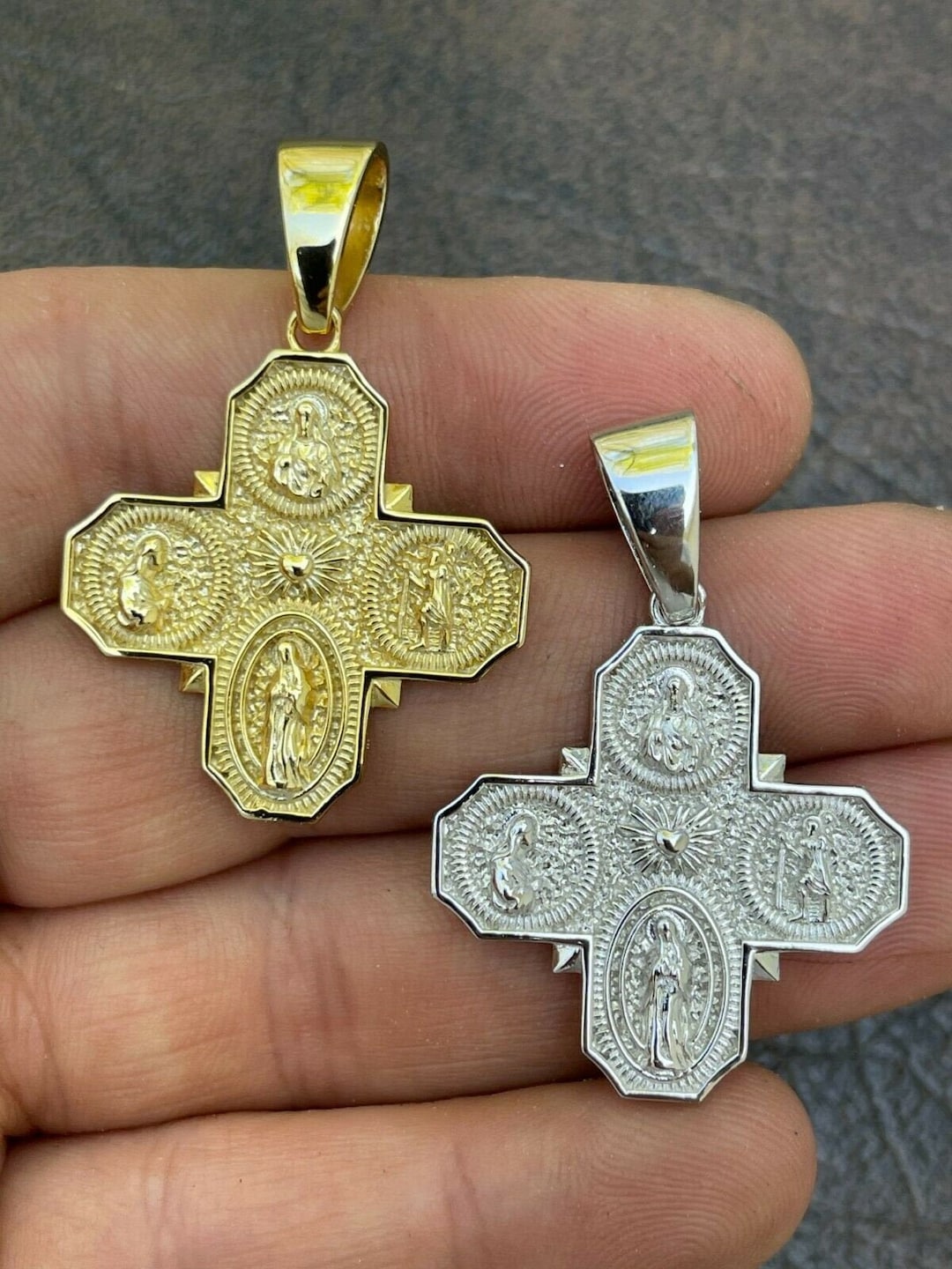 Four Way Cross Pendant: 925 Sterling Silver, Sacred Heart Medallion - Etsy