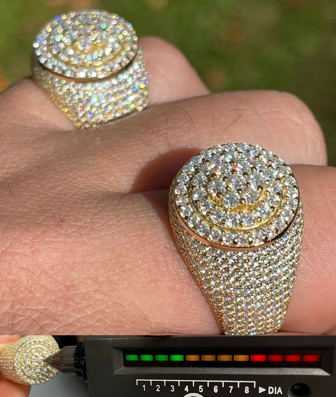 Mens Iced Out Moissanite Round Rapper Pinky Ring Gold Vermeil Over ...