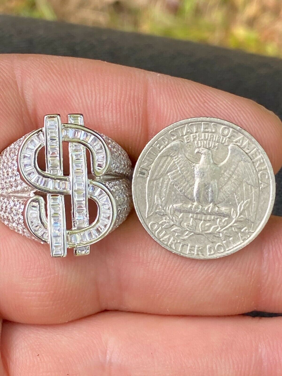Iced Out Dollar Sign Ring: Baguette Simulated Diamond, Sterling Silver ...