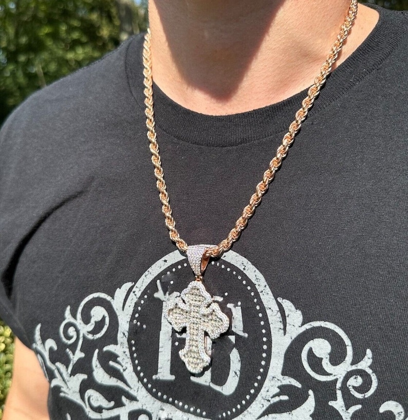 Iced Baguette Moissanite Gothic Cross Pendant: Rose Gold Vermeil ...