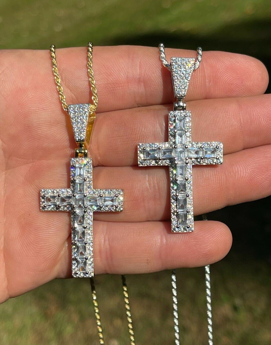 Iced Out Baguette 925 Sterling Silver Men's Women's Crucifix Cross ...