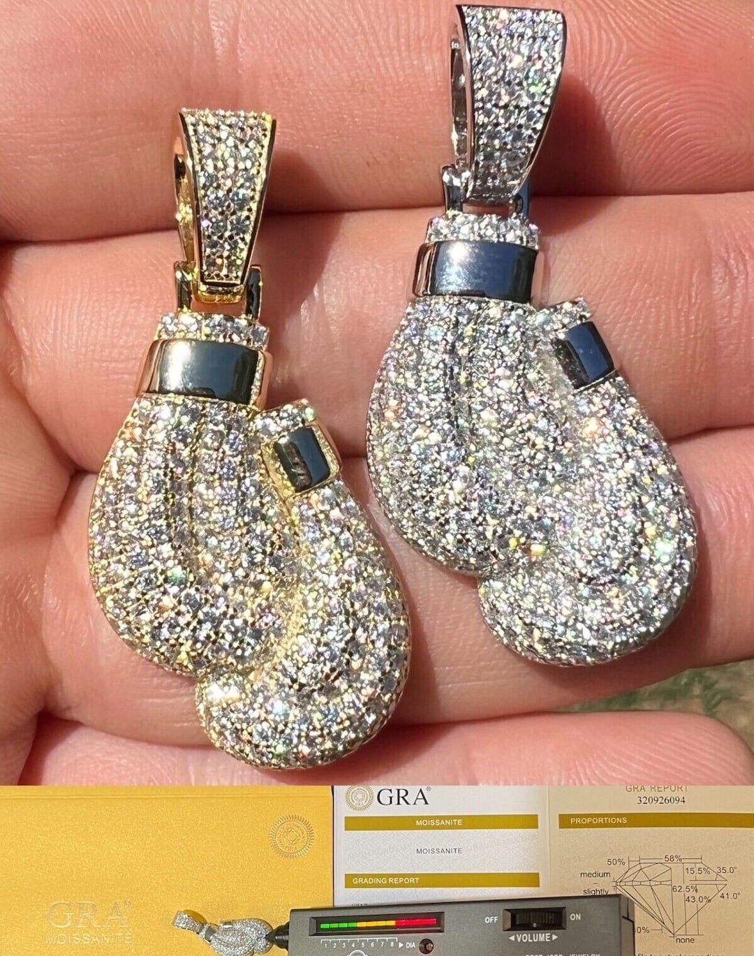 Iced Moissanite Boxing Glove Pendant: Sterling Silver, Rhodium/14k Gold ...