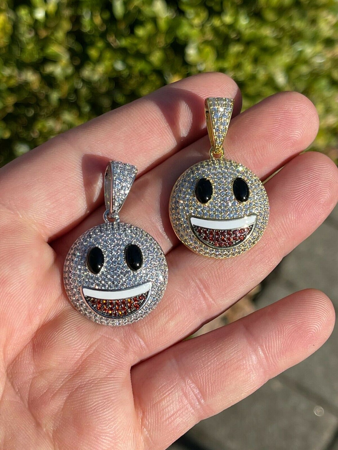 Custom Made Solid 925 Sterling Silver SMILEY FACE Emoji Pendant Iced ...