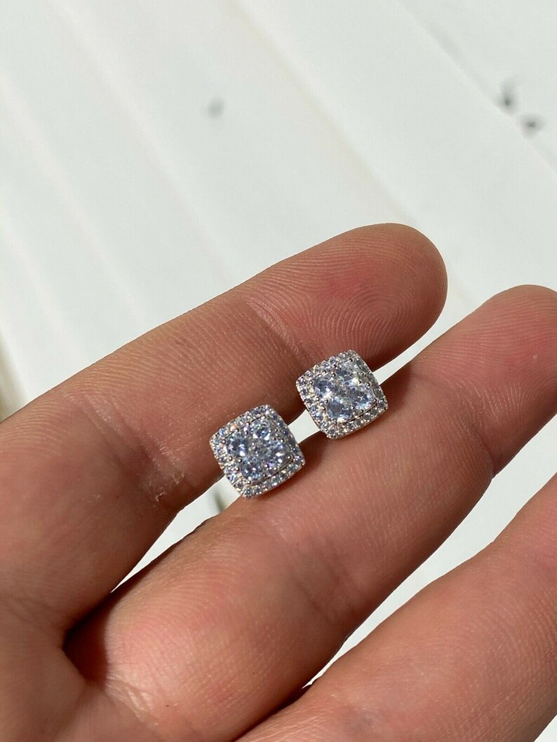 Iced Out Hip Hop Earrings: Sterling Silver Square Diamond Cluster Studs ...