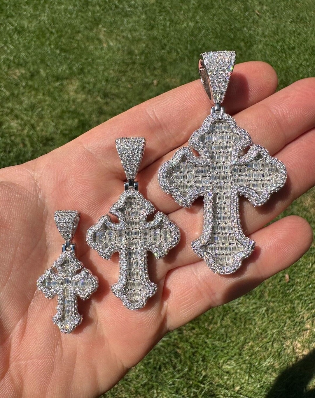 Iced Out Baguette Moissanite Gothic Cross Pendant: Sterling Silver - Etsy