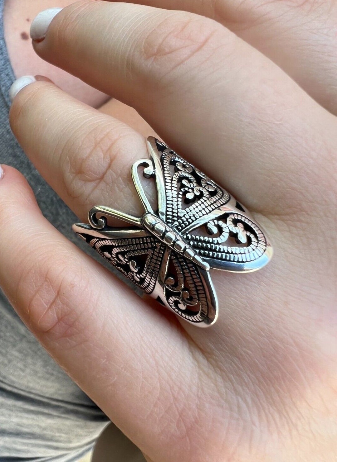 Women's Large Butterfly Ring, Solid Oxidized 925 Sterling Silver Boho ...