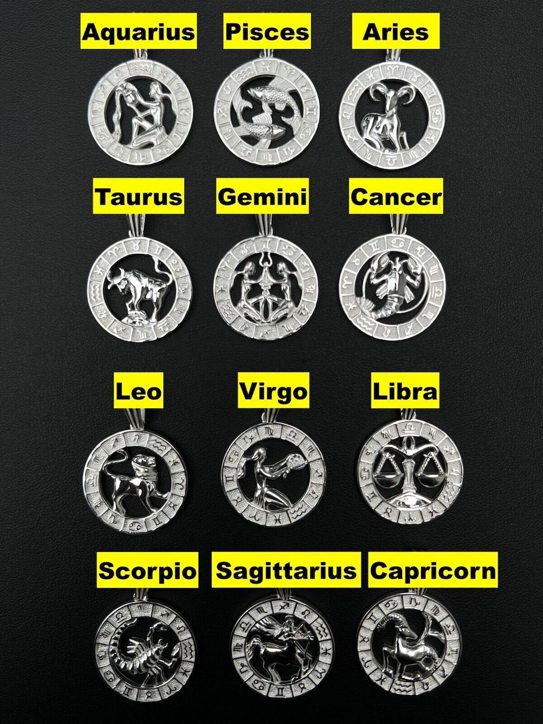 Zodiac Astrology Sign Pendants Solid 925 Sterling Silver 1" Size ...