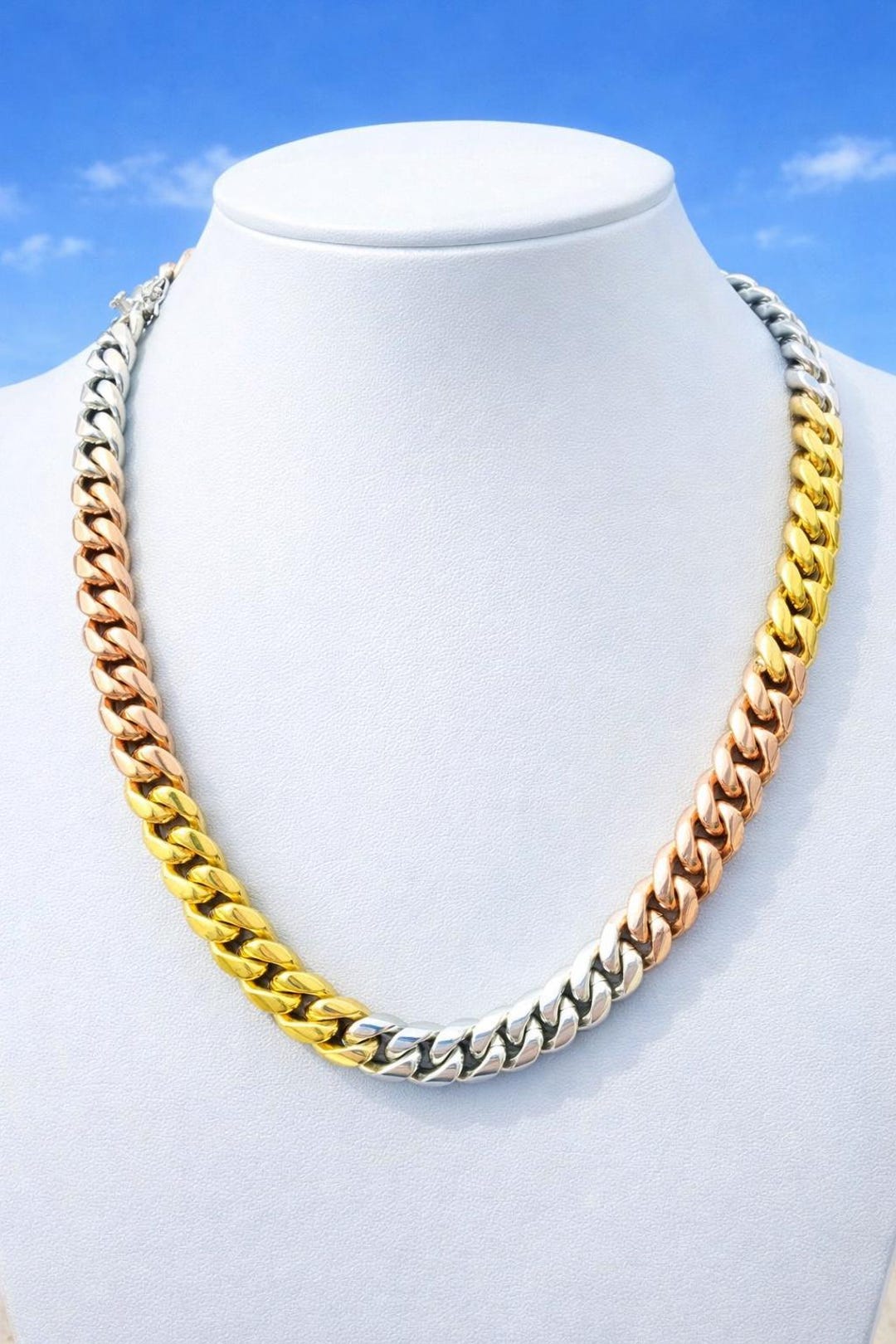Men's Tri-color 14k Gold Over Stainless Steel Miami Cuban Link Chain ...