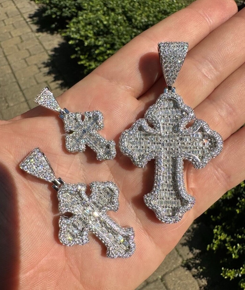 Iced Out Baguette Moissanite Gothic Cross Pendant: Sterling Silver - Etsy