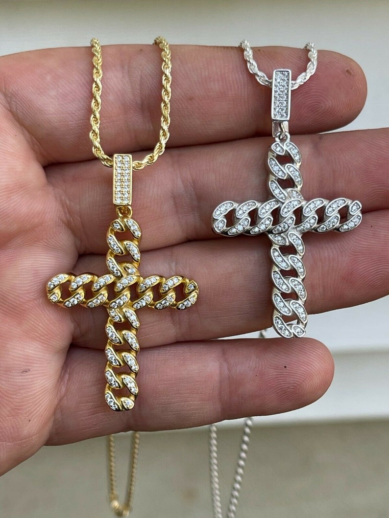 Men's Real Solid Sterling Silver Iced Out Cuban Link Cross | Etsy