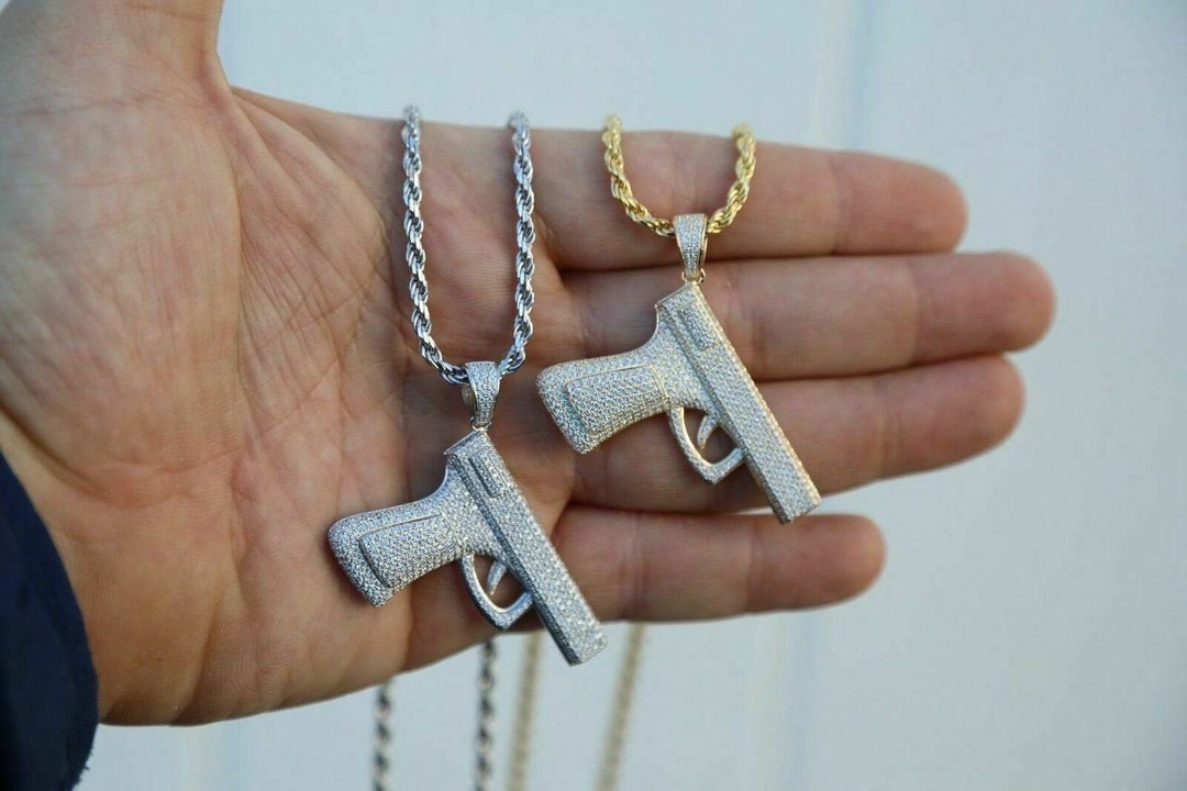 Men's Iced Out Solid 925 Sterling Silver 9mm Gun Pistol Glock Pendant ...