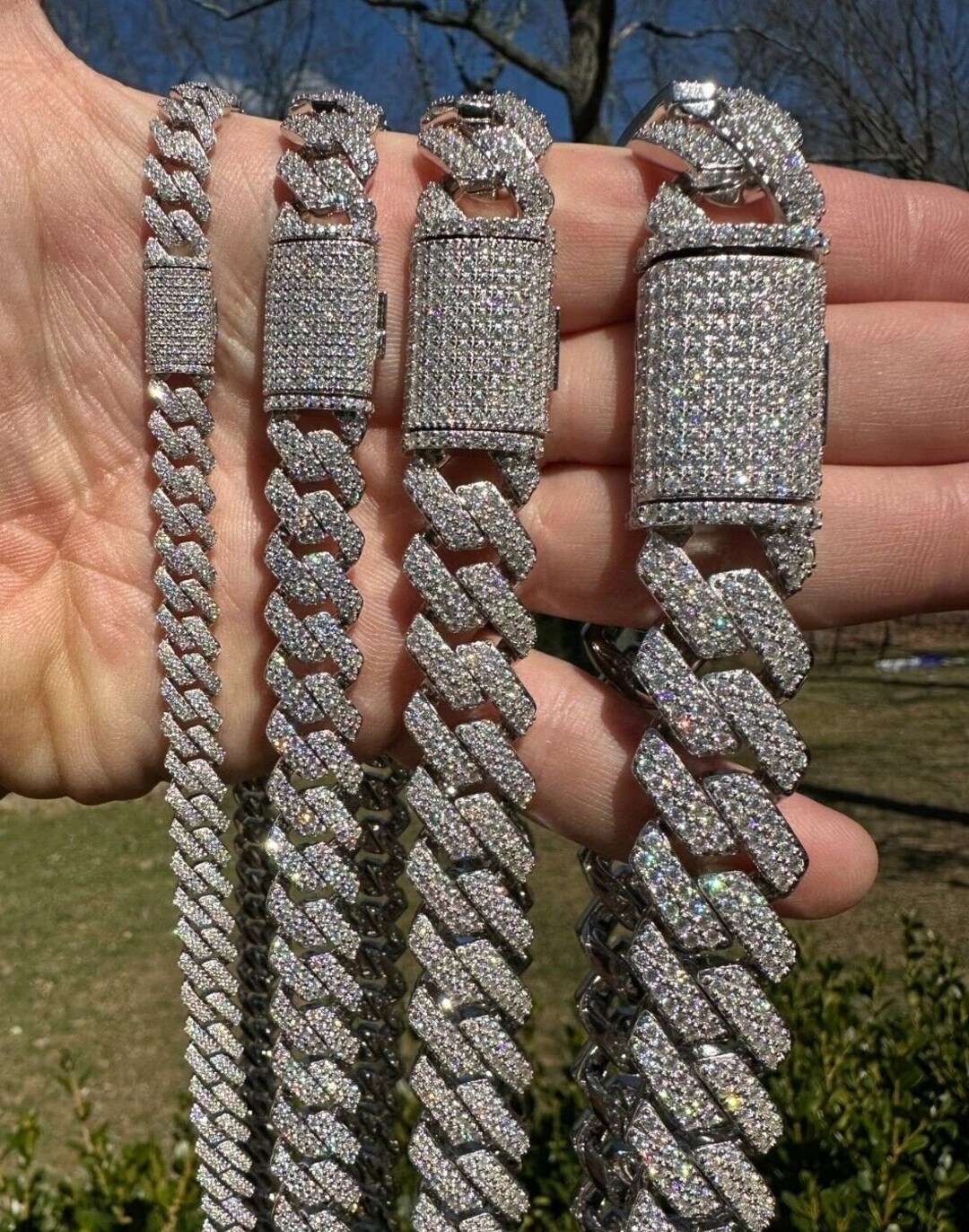 Hand Set MOISSANITE Stones Prong Cuban Link Chain Necklace Solid 925 ...