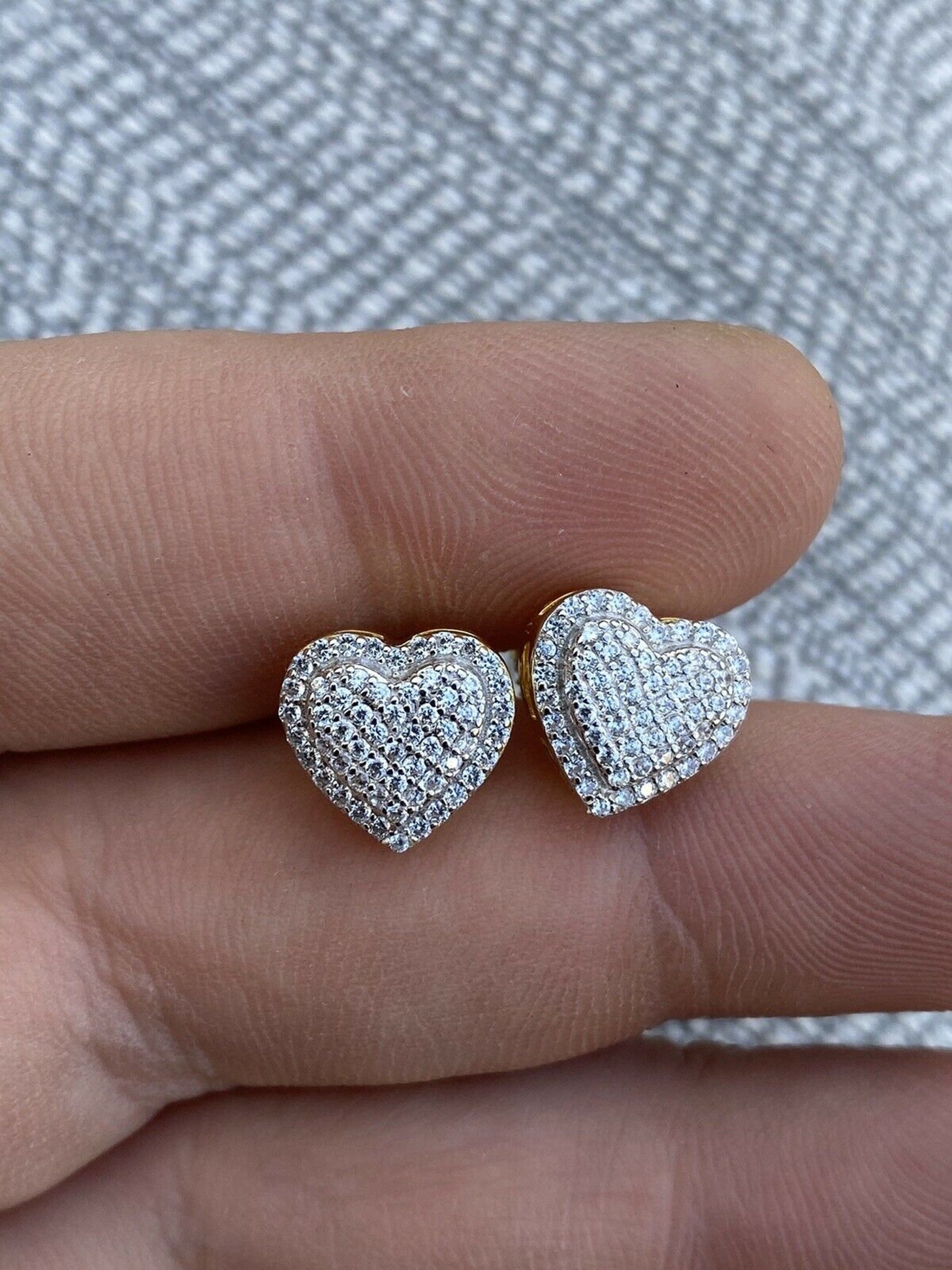 Moissanite Heart Stud Earrings, Iced Out 14k Gold Finish, Sterling ...