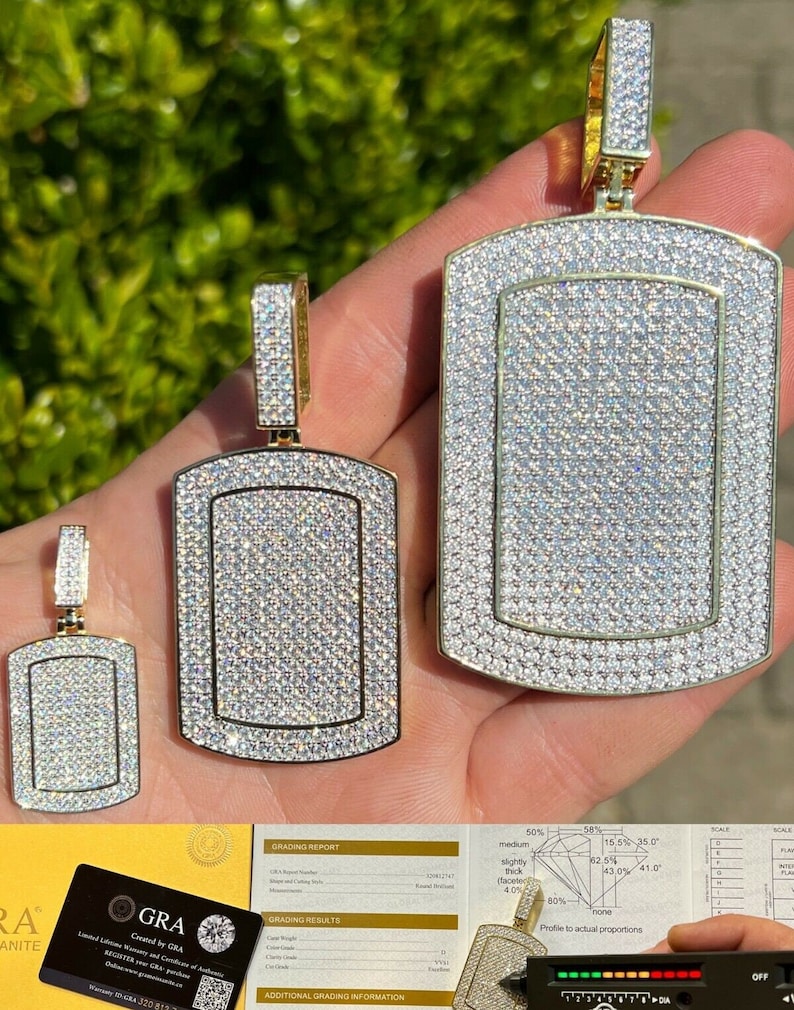 Iced Out Moissanite Dog Tag Pendant: Gold Vermeil Sterling Silver - Etsy