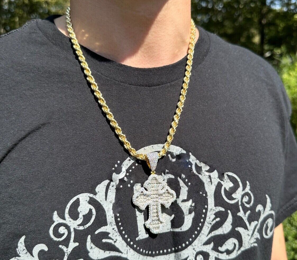 Iced Out Baguette Moissanite Gothic Cross Pendant: 14k Gold Vermeil ...