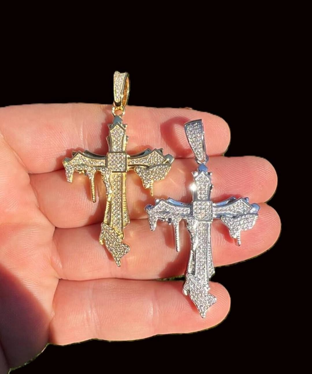 Men's Iced Out MOISSANITE Dripping Cross Pendant, Solid 925 Sterling ...