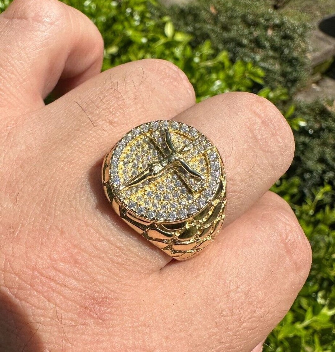 Men’s Iced Out MOISSANITE Jesus Cross Crucifix Nugget Pinky Ring, 925 ...