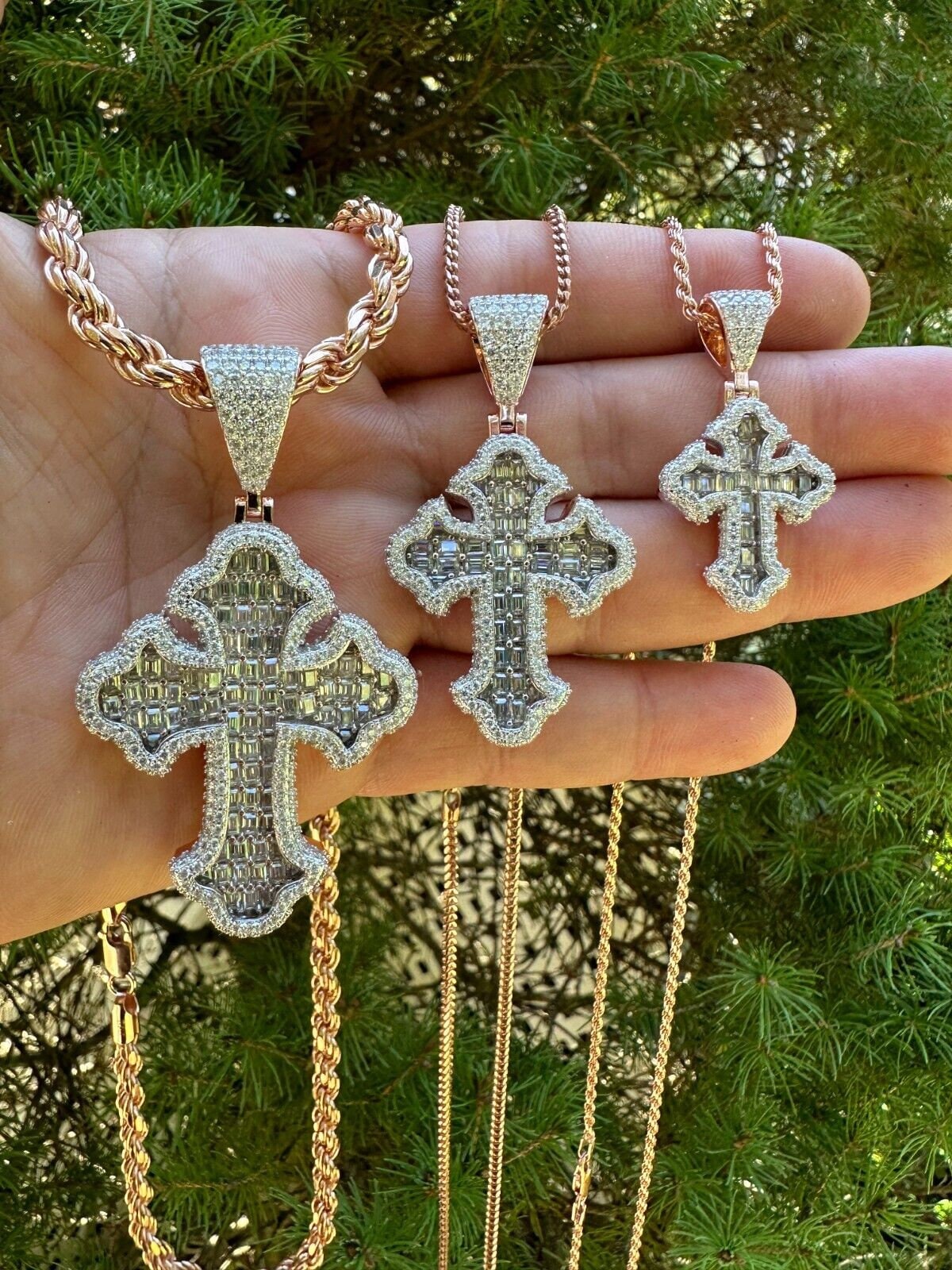 Iced Baguette Moissanite Gothic Cross Pendant: Rose Gold Vermeil ...