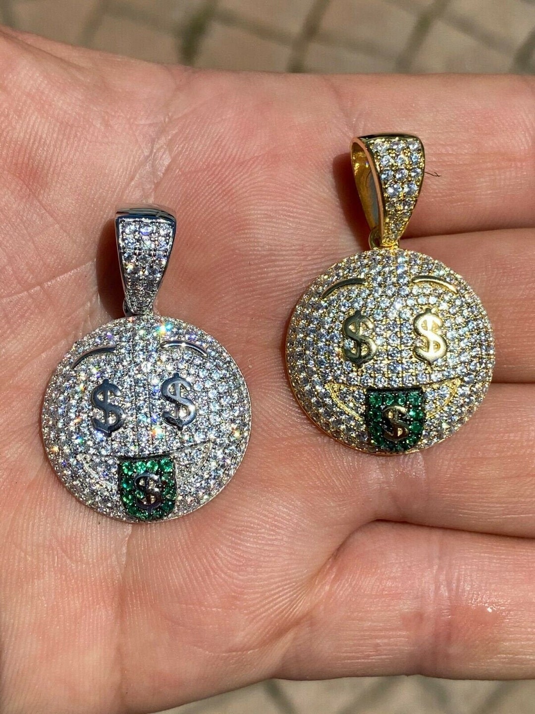 Iced Out Money Mouth Emoji Pendant: Sterling Silver CZ, Rhodium/14k ...