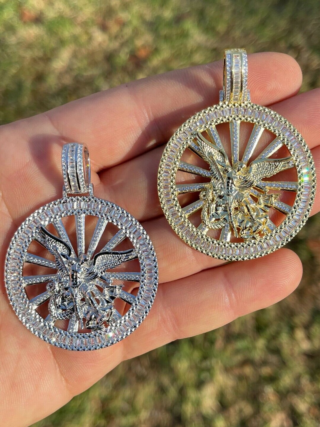 St. Michael Pendant: Sterling Silver, Baguette Simulated Diamonds, Iced ...
