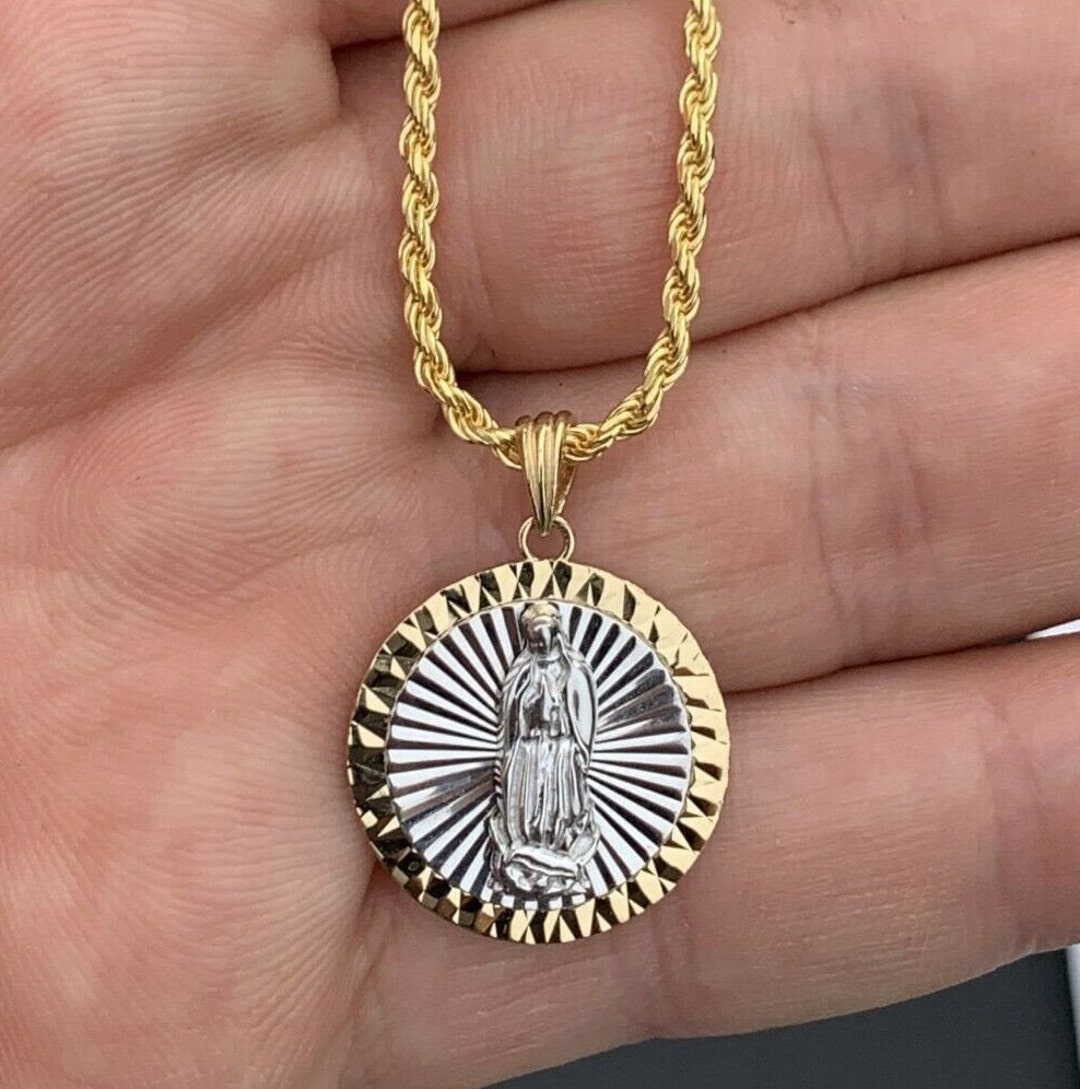 Two-tone Virgin Mary Guadalupe Pendant: Diamond Cut Sterling Silver ...