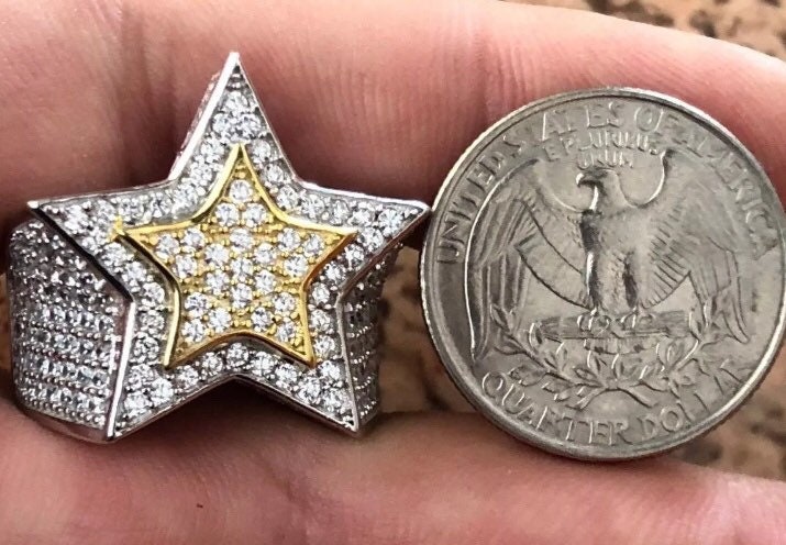 3D Star Hip Hop Ring: Solid Sterling Silver, 14k Gold Inlay, Simulated ...