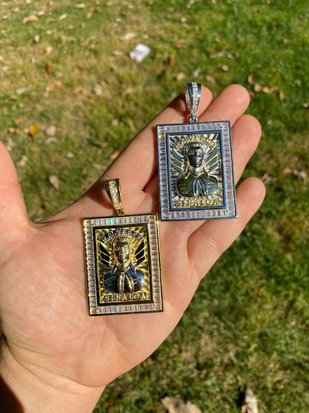 Iced Jesus Malverde Medallion: 925 Sterling Silver & Gold Finish ...