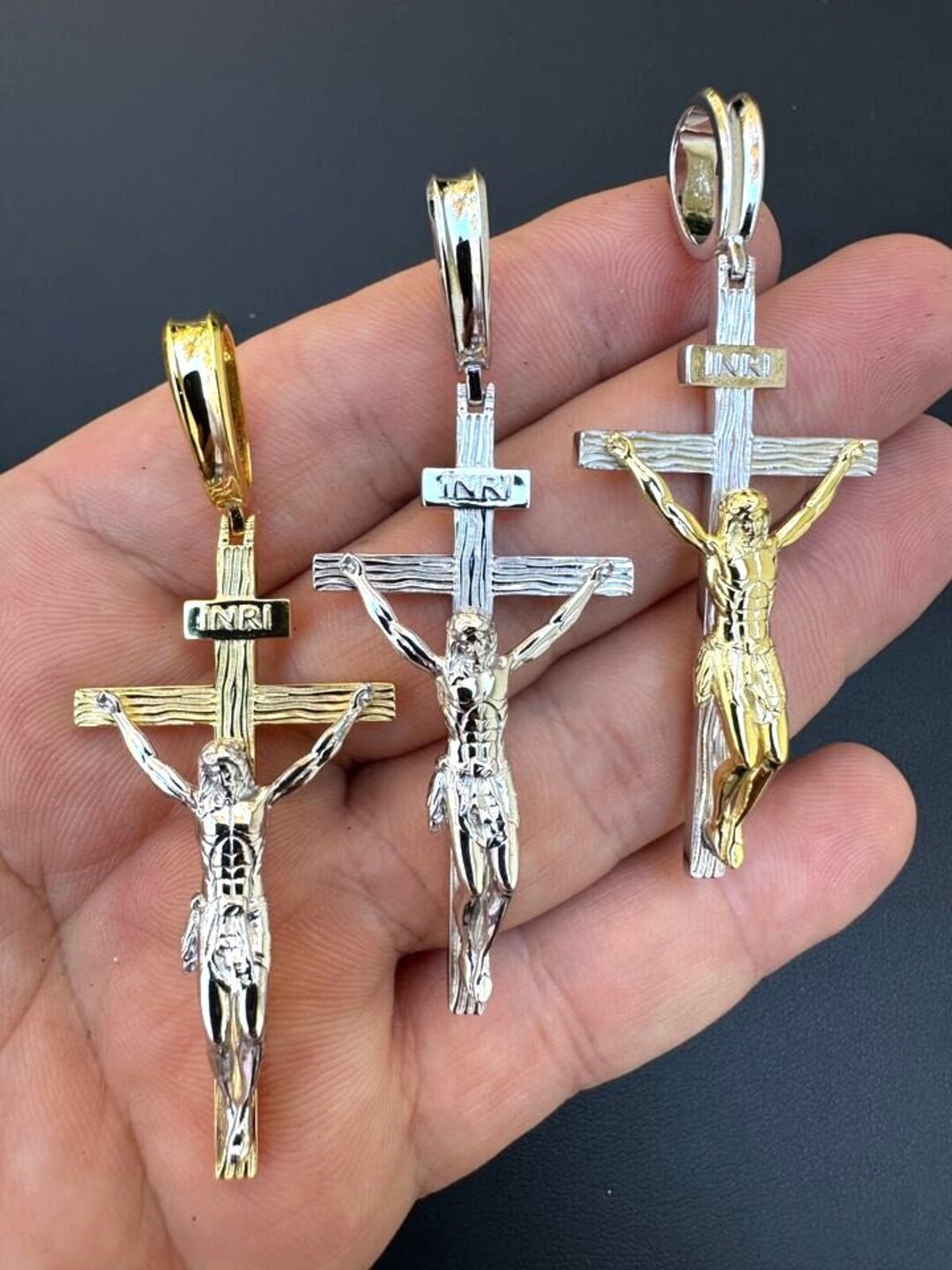 TWO TONE CRUCIFIX Cross Jesus Pendants Real Solid 925 Sterling Silver ...