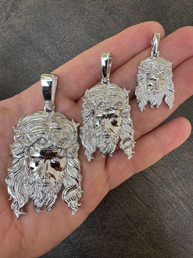 Sterling Silver Jesus Pendant, Polished Rhodium Finish, Heavy Solid ...