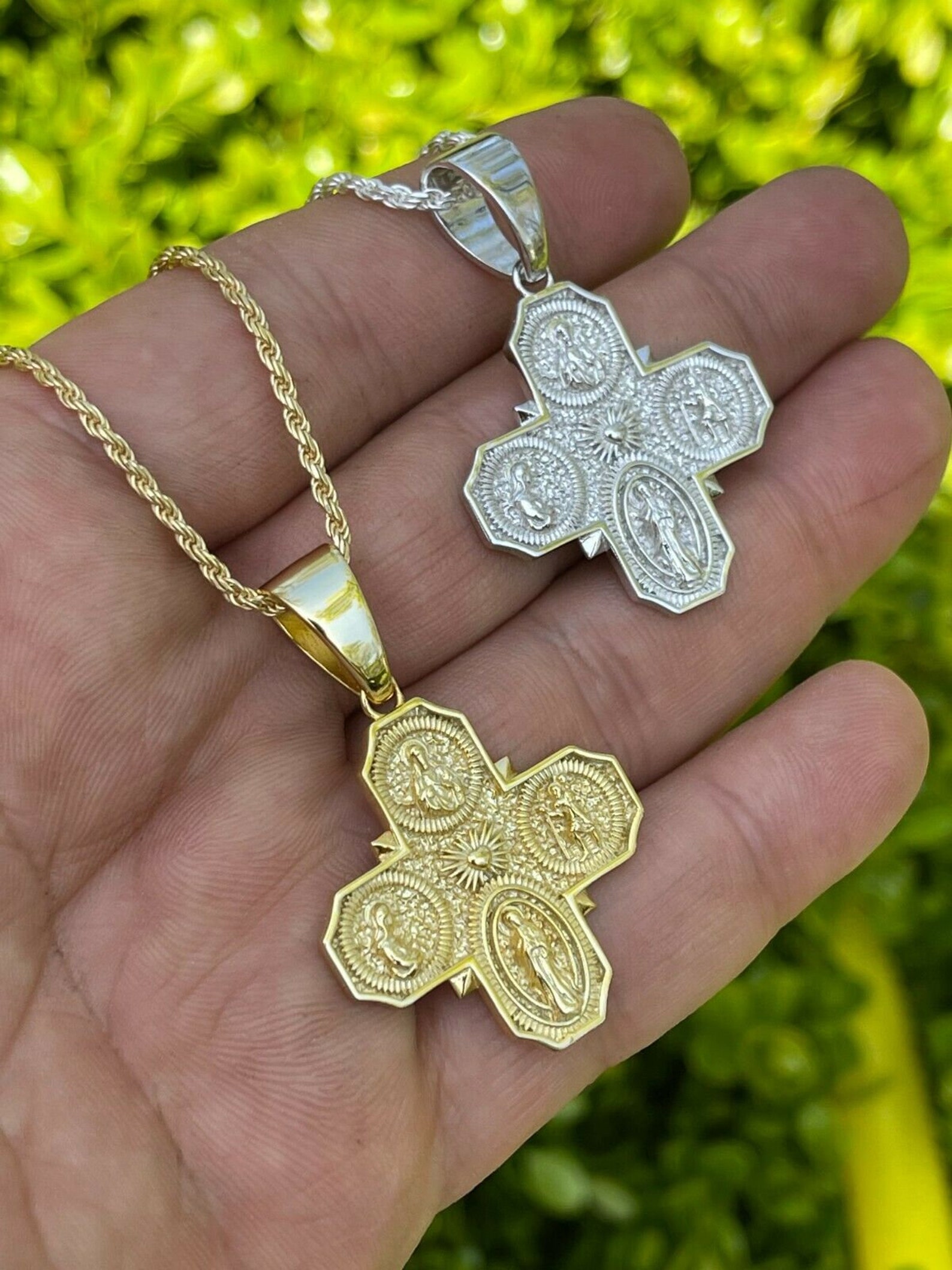 Four Way Cross Pendant: 925 Sterling Silver, Sacred Heart Medallion - Etsy