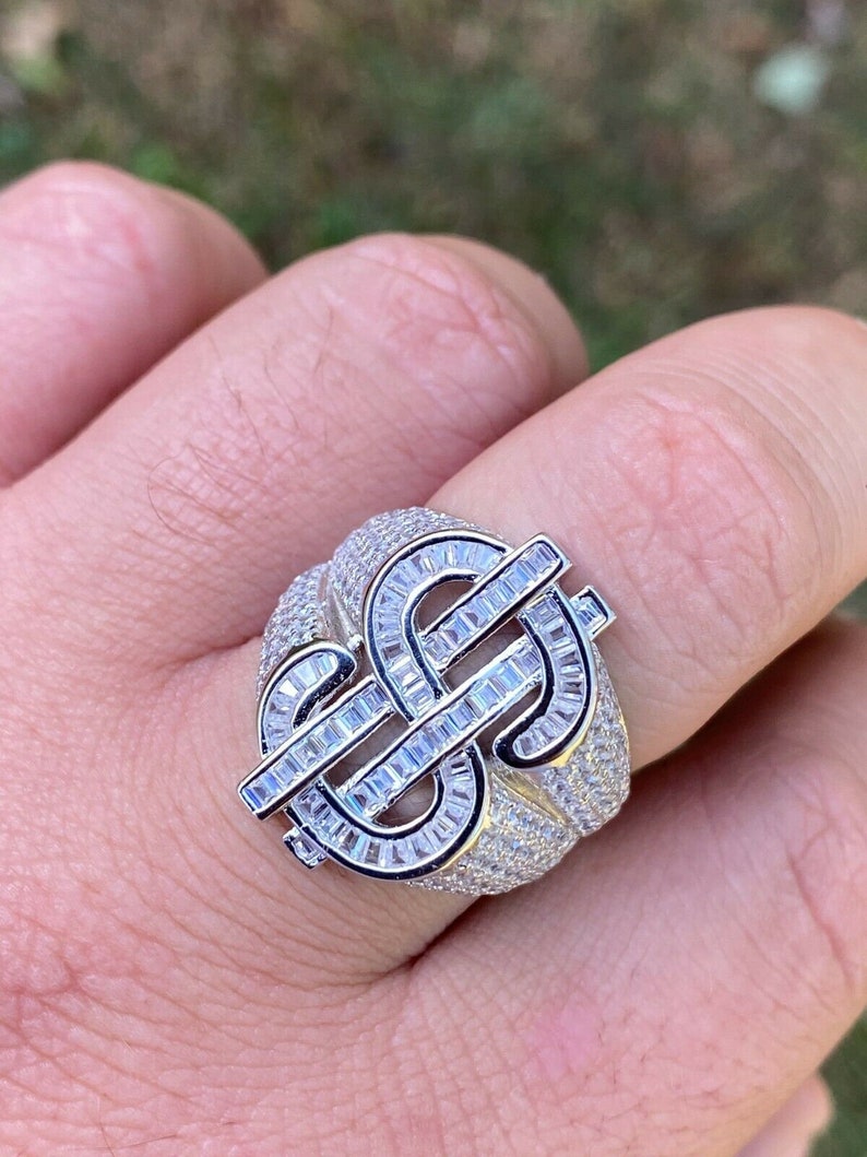 Iced Out Dollar Sign Ring: Baguette Simulated Diamond, Sterling Silver ...