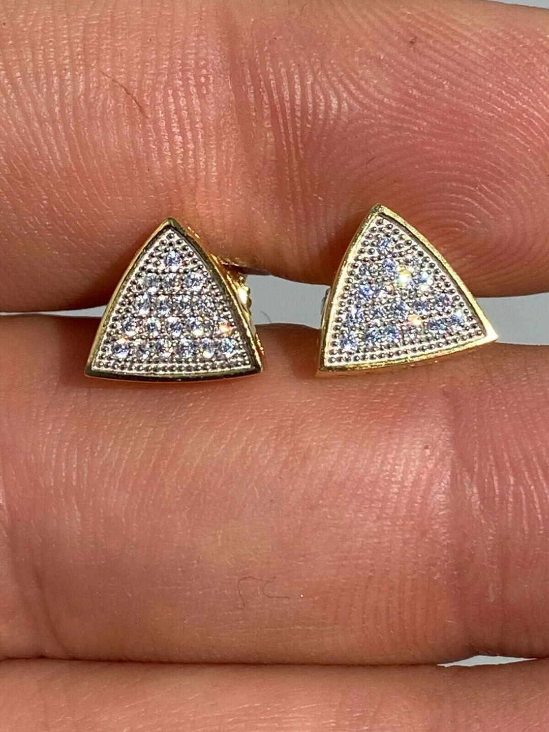 Iced Out Triangle Stud Earrings: 14k Gold Over Sterling Silver, Hip Hop ...