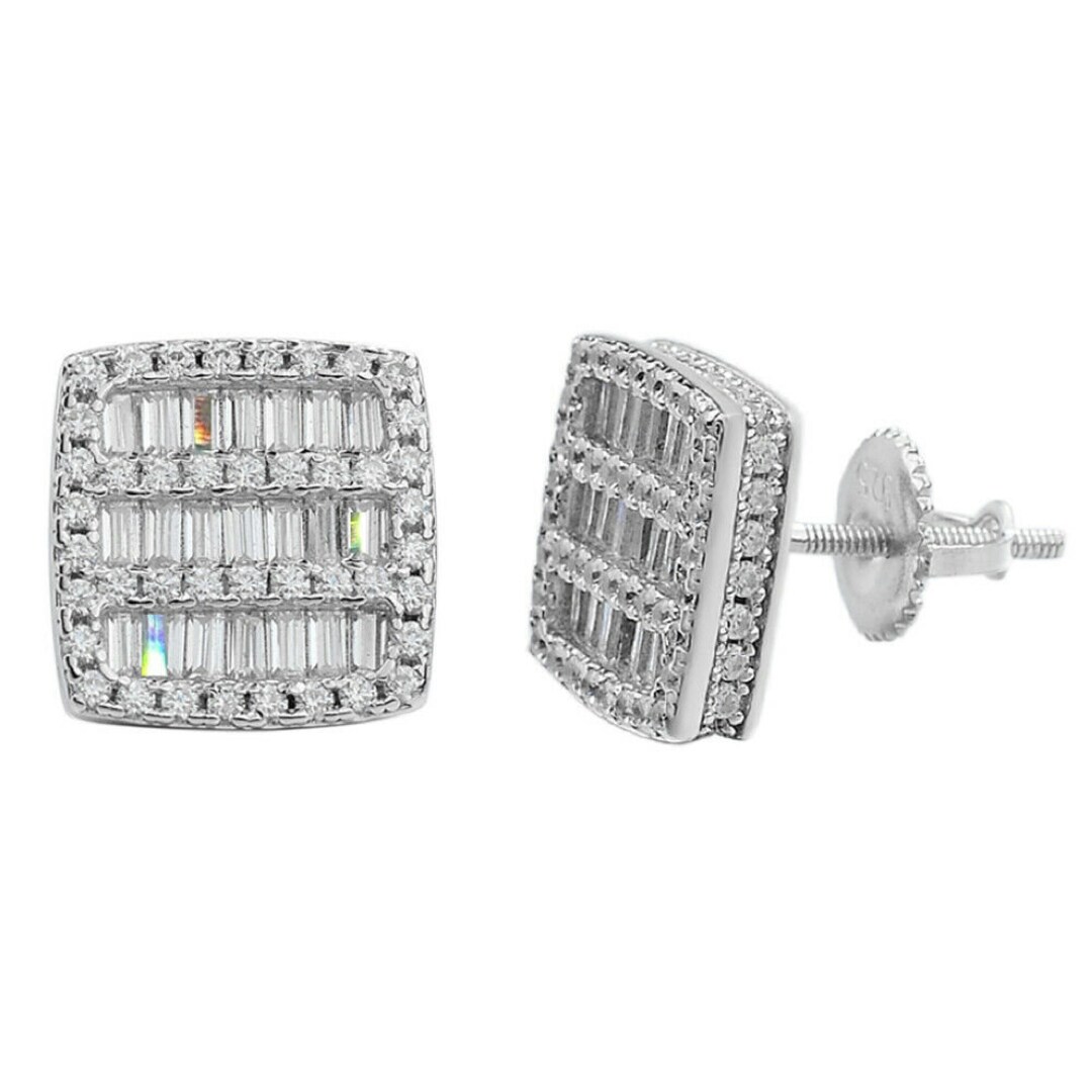 Iced Out Sterling Silver Stud Earrings: Baguette Simulated Diamond ...