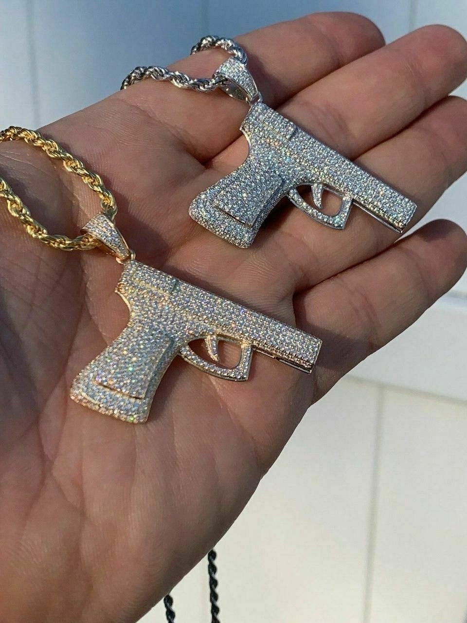 Iced Out Gun Pendant, 925 Sterling Silver, CZ Diamond, Rhodium or Gold ...