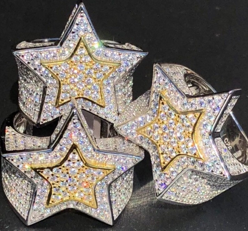 3D Star Hip Hop Ring: Solid Sterling Silver, 14k Gold Inlay, Simulated ...