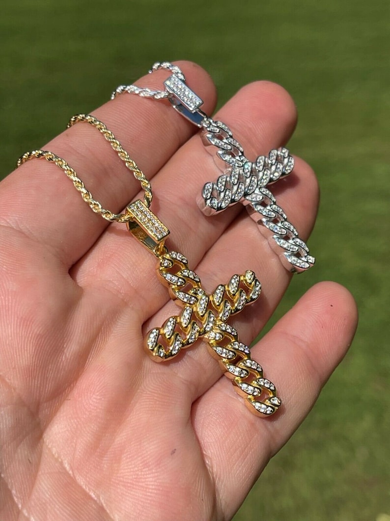Men's Real Solid Sterling Silver Iced Out Cuban Link Cross | Etsy